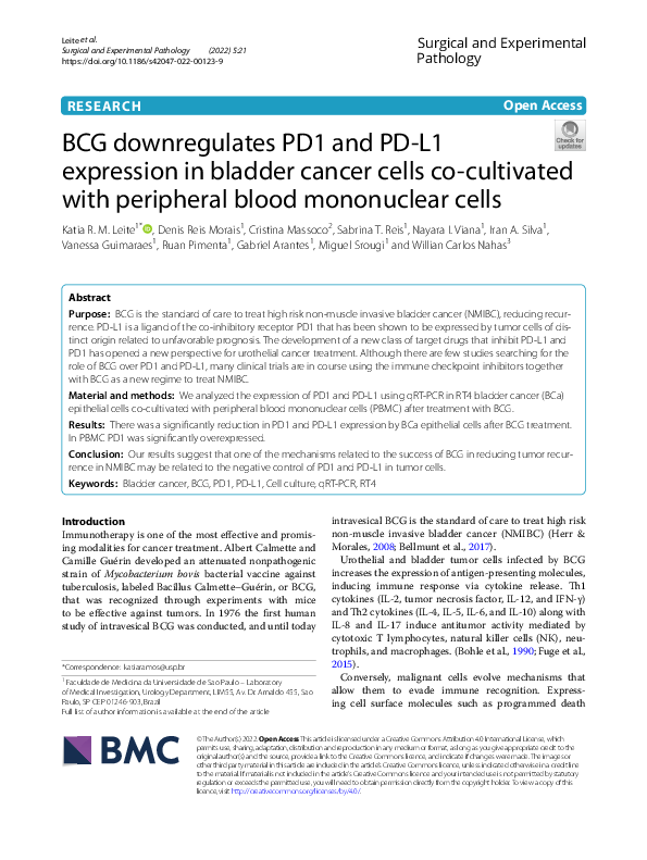 (PDF) BCG downregulates PD1 and PD-L1 expression in bladder cancer ...