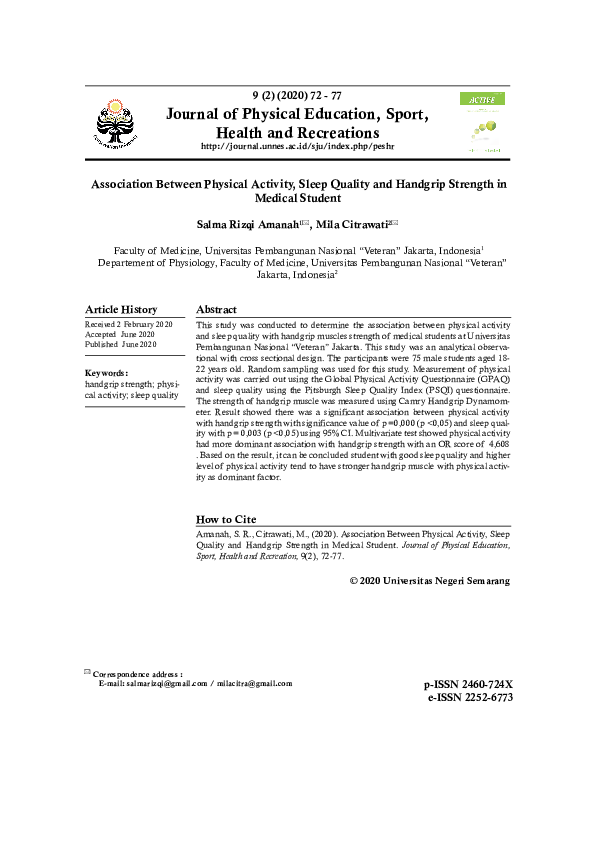 (PDF) Association Between Physical Activity, Sleep Quality and Handgrip Strength in Medical Student