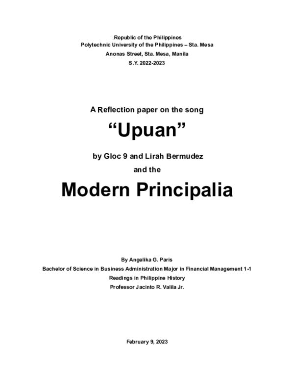 (PDF) A Reflection paper on the song “Upuan” by Gloc 9 and Lirah ...