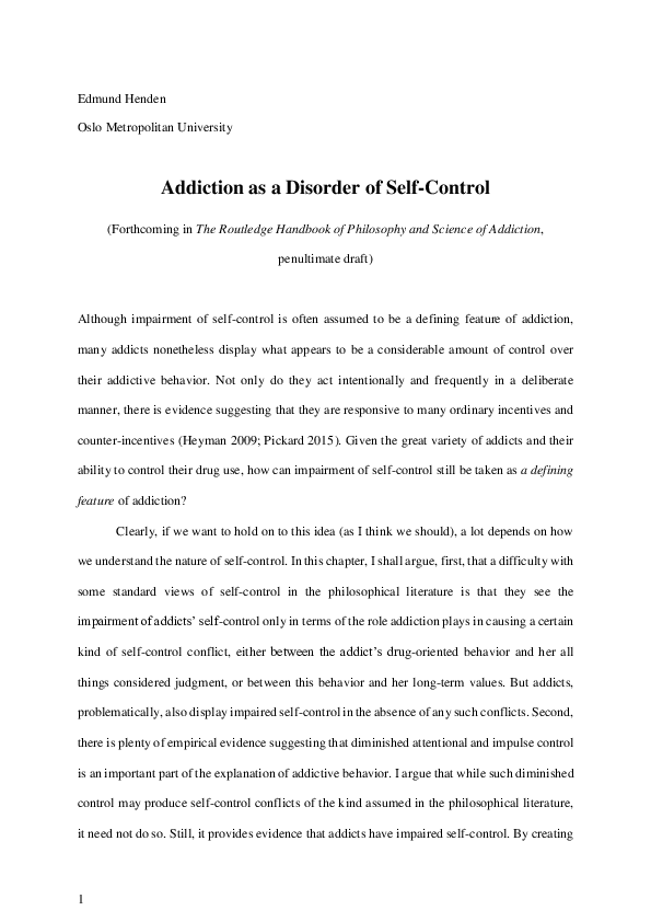 (PDF) Addiction as a Disorder of Self-Control