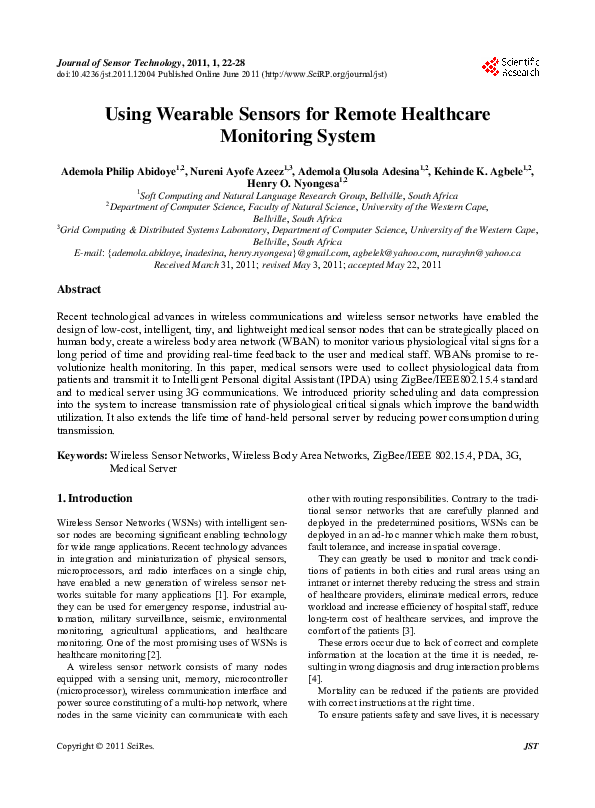 (PDF) Using Wearable Sensors for Remote Healthcare Monitoring System