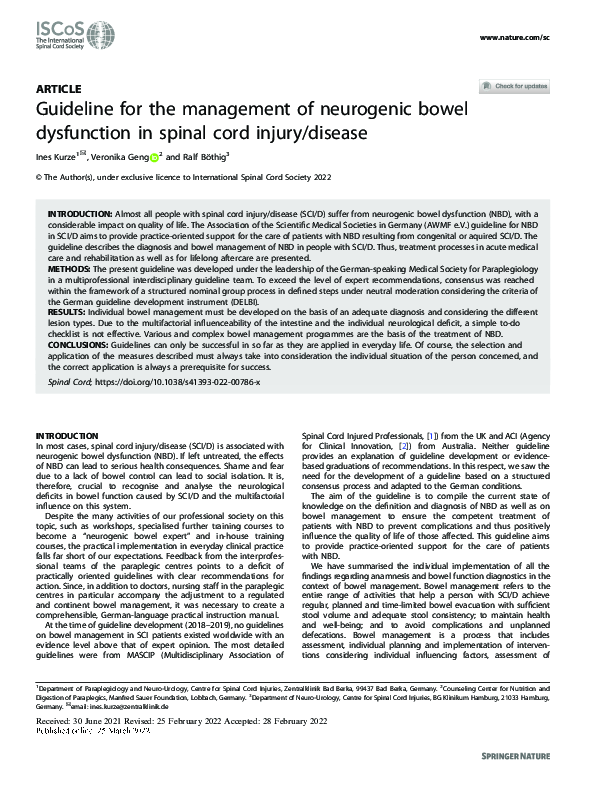 Pdf Guideline For The Management Of Neurogenic Bowel Dysfunction In
