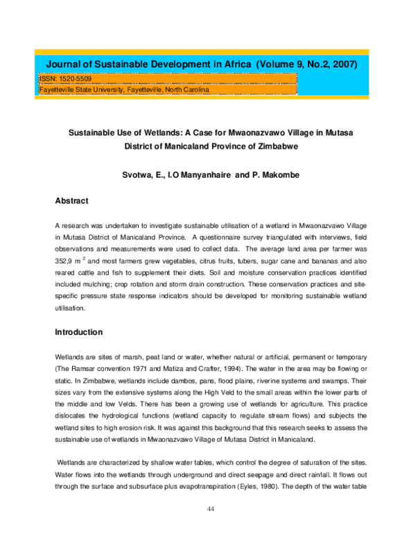 (PDF) Sustainable Use of Wetlands: A Case for Mwaonazvawo Village in ...