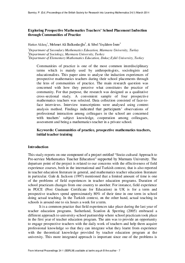 (PDF) Exploring Prospective Mathematics Teachers' School Placement Induction through Communities ...