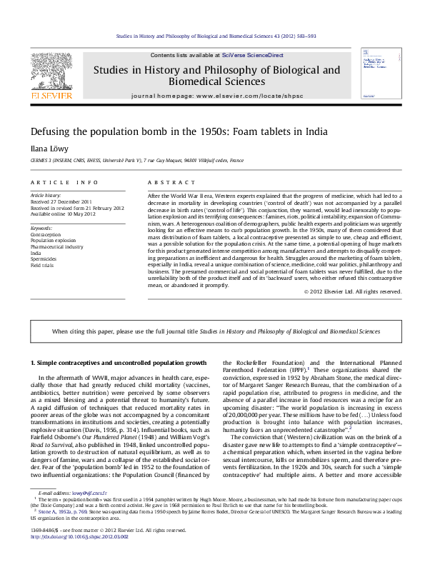 (PDF) Defusing the population bomb in the 1950s: Foam tablets in India
