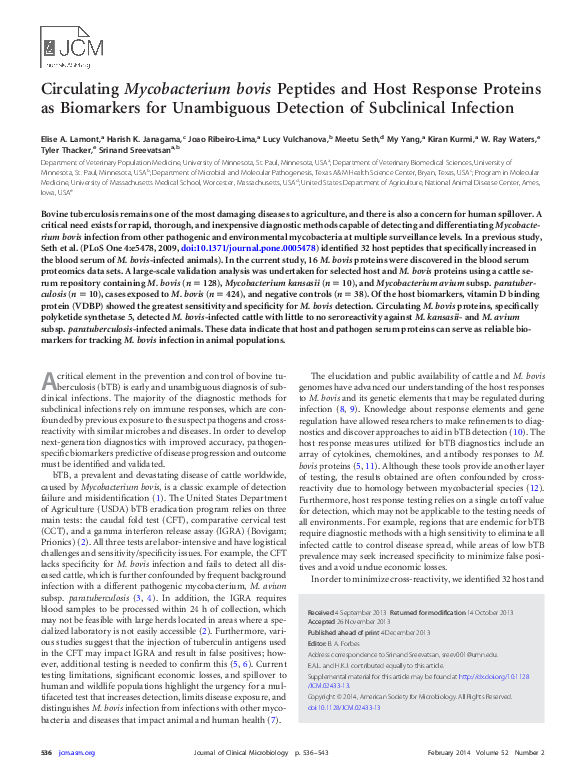 (PDF) Circulating Mycobacterium bovis Peptides and Host Response Proteins as Biomarkers for ...