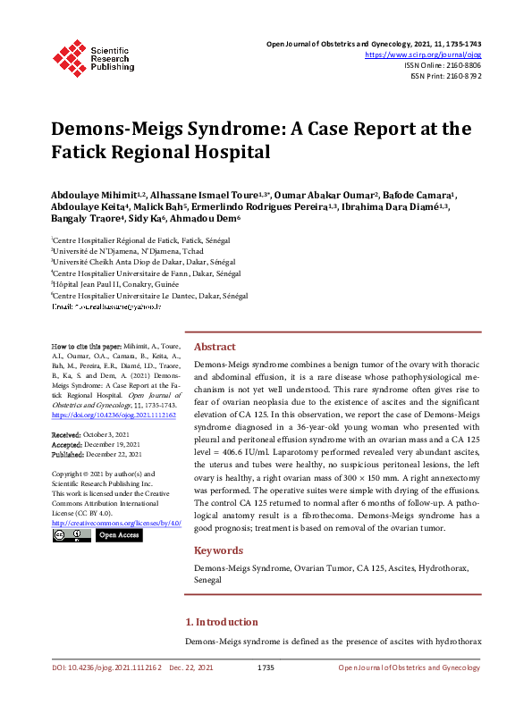 (PDF) Demons-Meigs Syndrome: A Case Report at the Fatick Regional Hospital