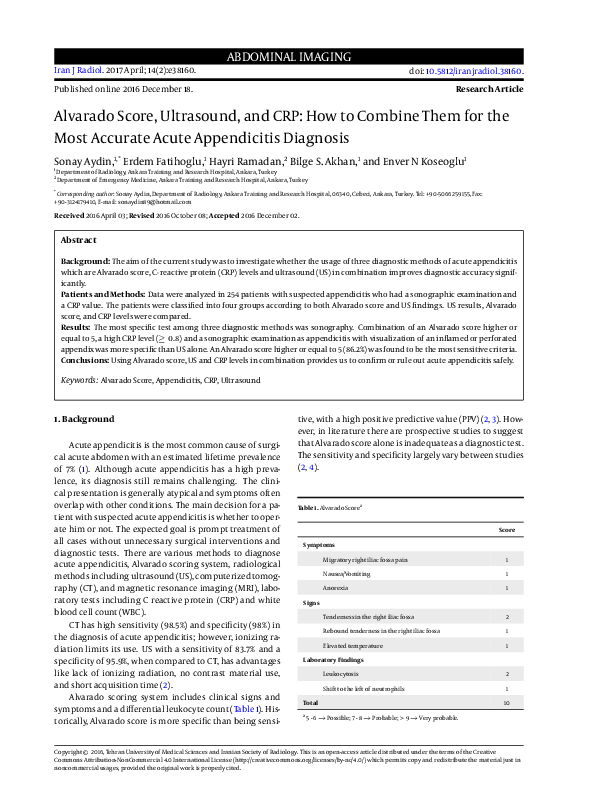 (PDF) Alvarado Score, Ultrasound, and CRP: How to Combine Them for the ...
