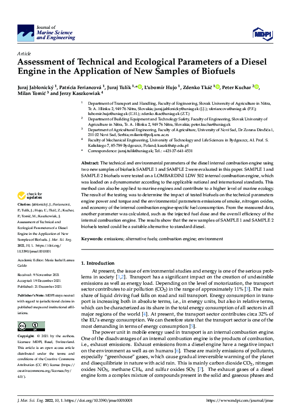 (PDF) Assessment of Technical and Ecological Parameters of a Diesel ...