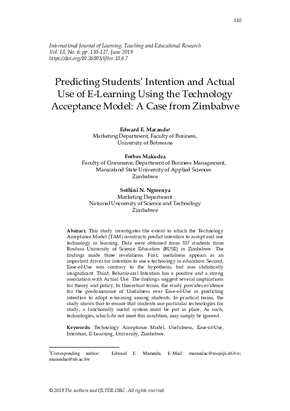 (PDF) Predicting Students’ Intention and Actual Use of E-Learning Using the Technology ...