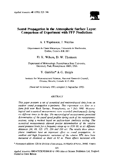 Pdf Sound Propagation In The Atmospheric Surface Layer Comparison Of Experiment With Ffp