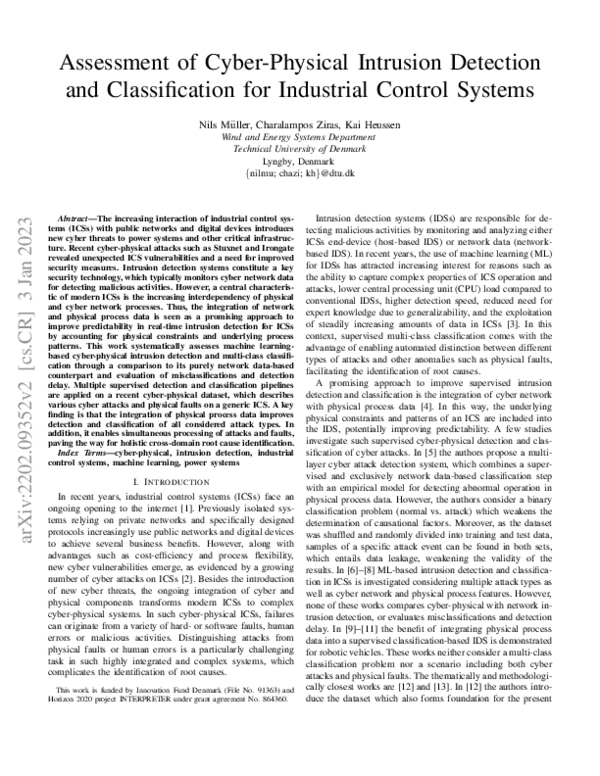 (PDF) Assessment of Cyber-Physical Intrusion Detection and Classification for Industrial Control ...