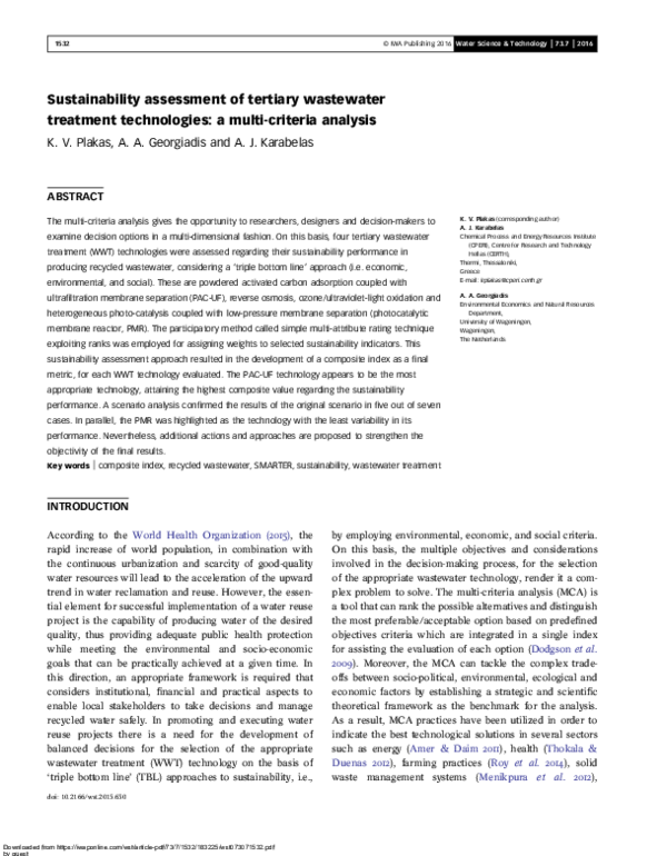 (PDF) Sustainability assessment of tertiary wastewater treatment ...