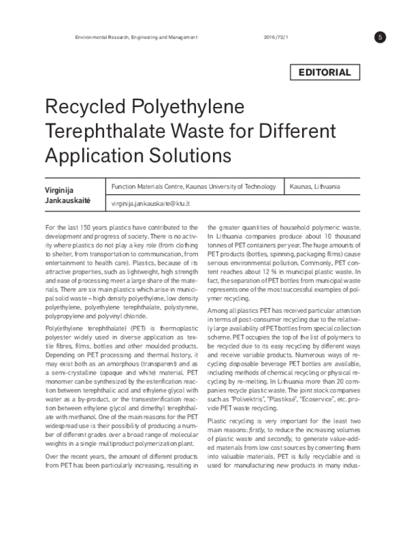 (PDF) Recycled Polyethylene Terephthalate Waste for Different ...