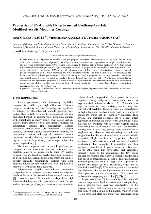 (PDF) Properties of UV-Curable Hyperbranched Urethane-Acrylate Modified ...