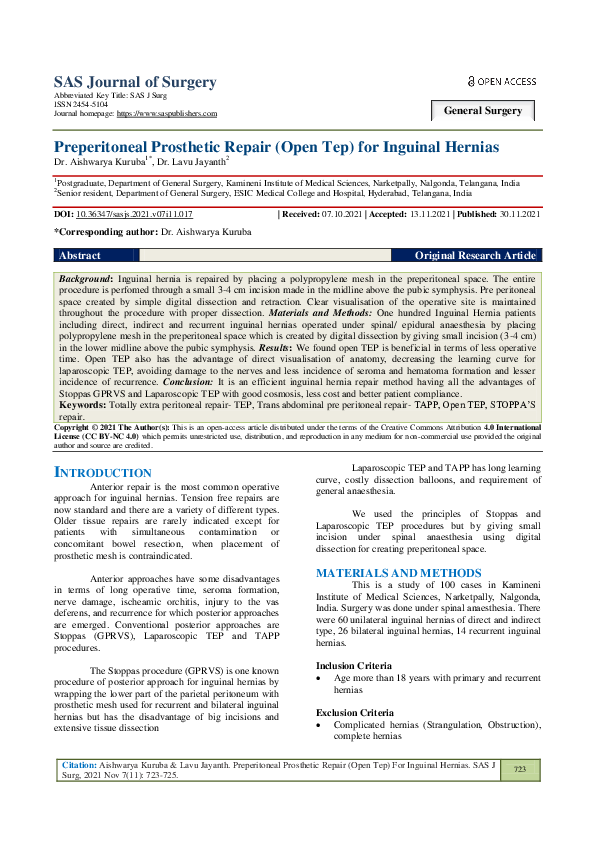 (PDF) Preperitoneal Prosthetic Repair (Open Tep) for Inguinal Hernias