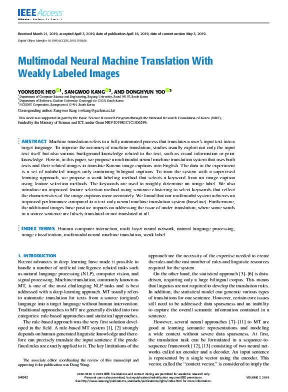 (PDF) Multimodal Neural Machine Translation With Weakly Labeled Images | Yoonseok Heo - Academia.edu