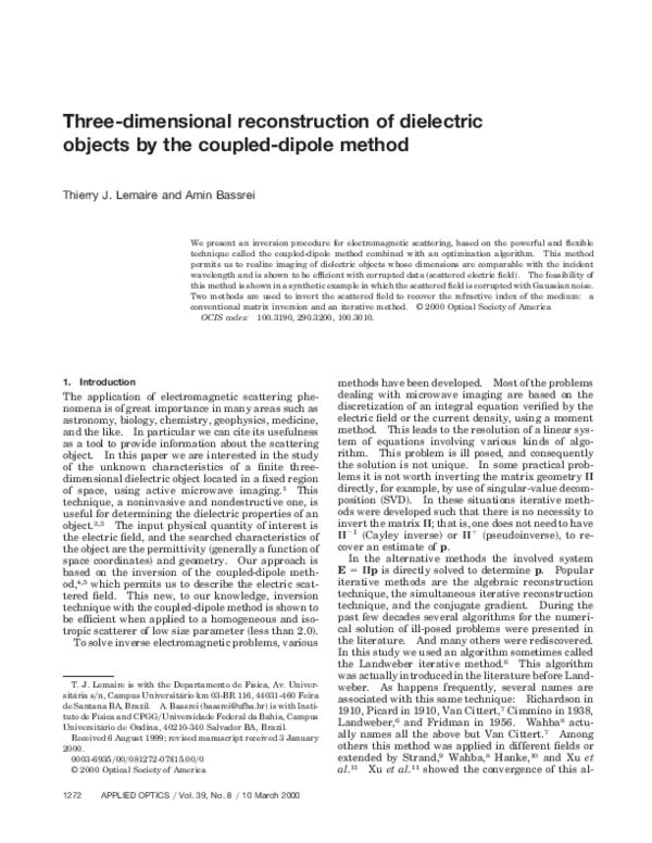 Pdf Three Dimensional Reconstruction Of Dielectric Objects By The Coupled Dipole Method