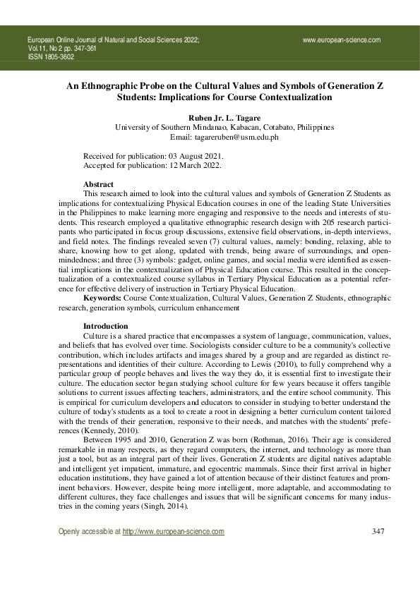(PDF) An Ethnographic Probe on the Cultural Values and Symbols of Generation Z Students ...