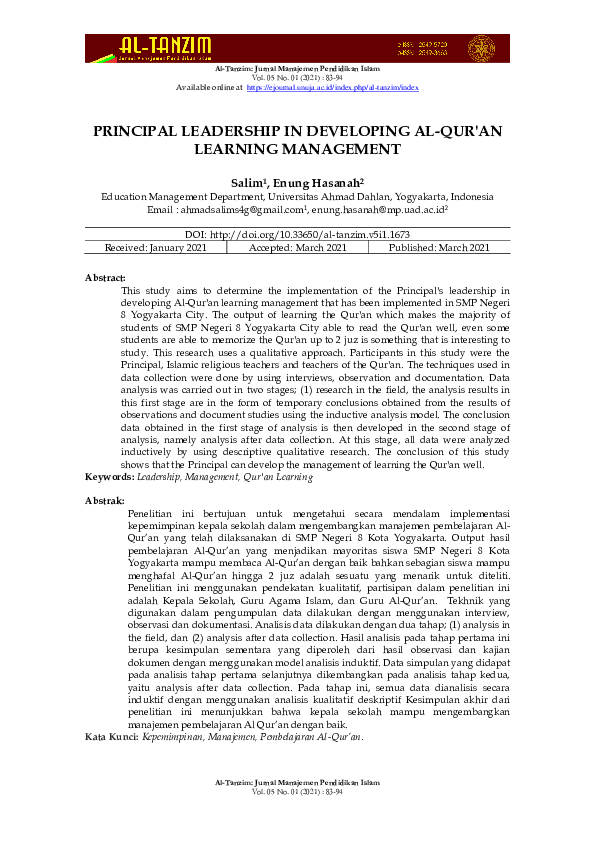 (PDF) Principal Leadership in Developing Al-Qur'An Learning Management