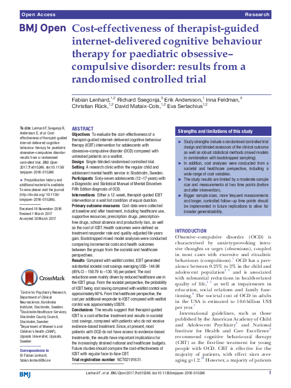 (PDF) Cost-effectiveness of therapist-guided internet-delivered cognitive behaviour therapy for ...