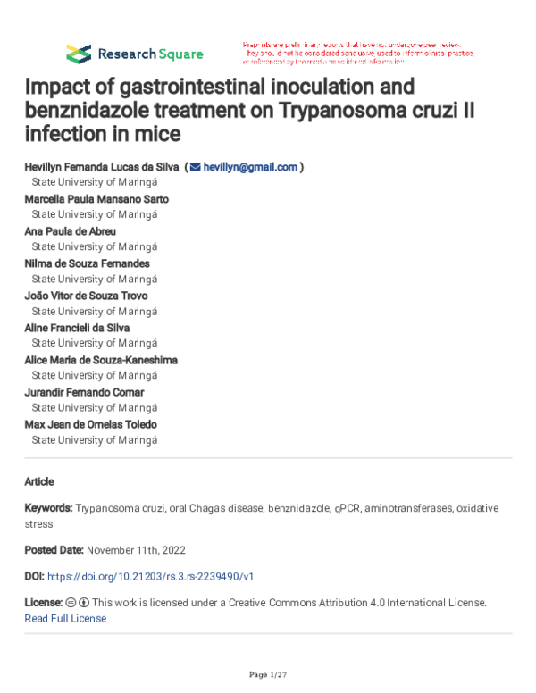 (PDF) Impact of gastrointestinal inoculation and benznidazole treatment ...