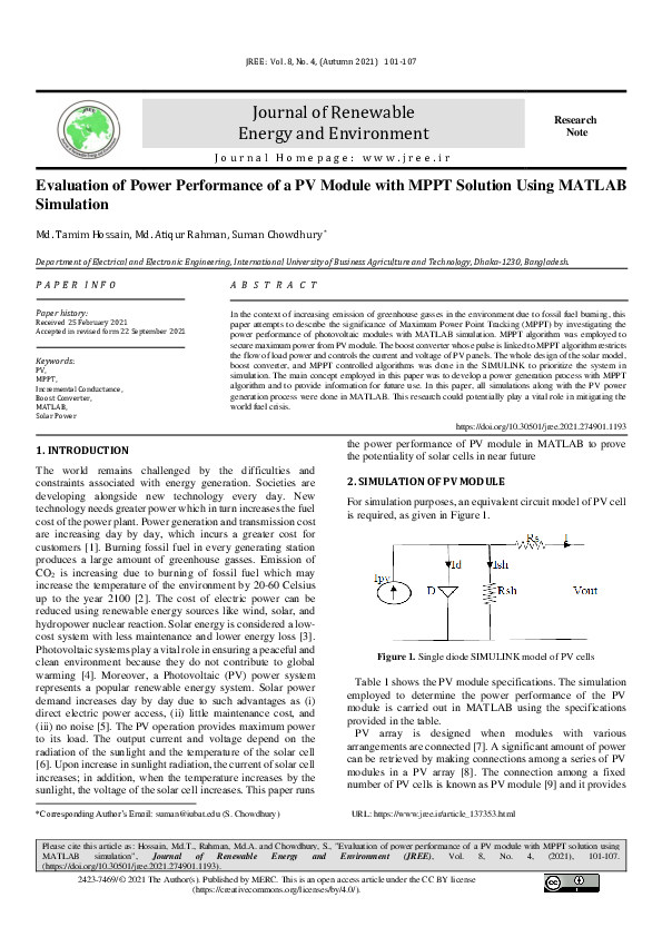 Pdf Evaluation Of Power Performance Of A Pv Module With Mppt Solution
