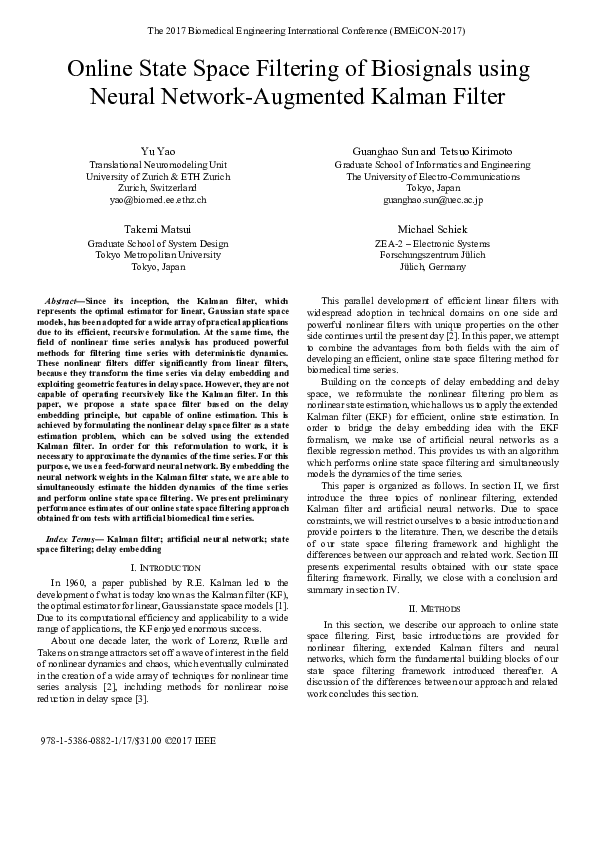 Pdf Online State Space Filtering Of Biosignals Using Neural Network Augmented Kalman Filter