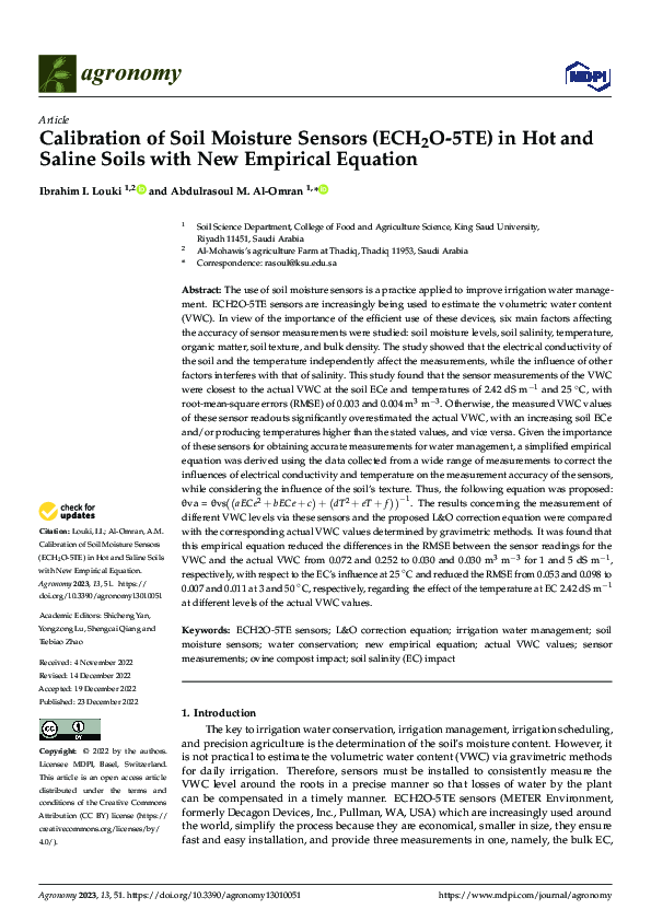 (PDF) Calibration of Soil Moisture Sensors (ECH2O-5TE) in Hot and Saline Soils with New ...