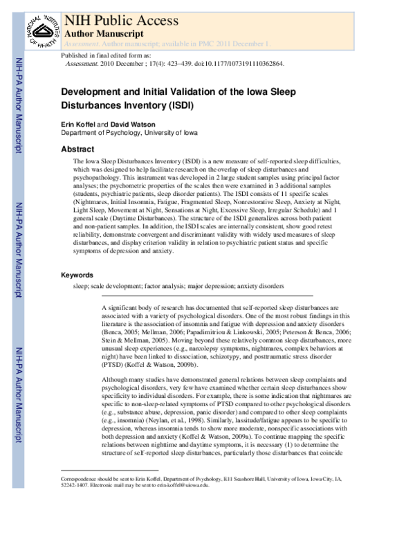 (PDF) Development and Initial Validation of the Iowa Sleep Disturbances ...
