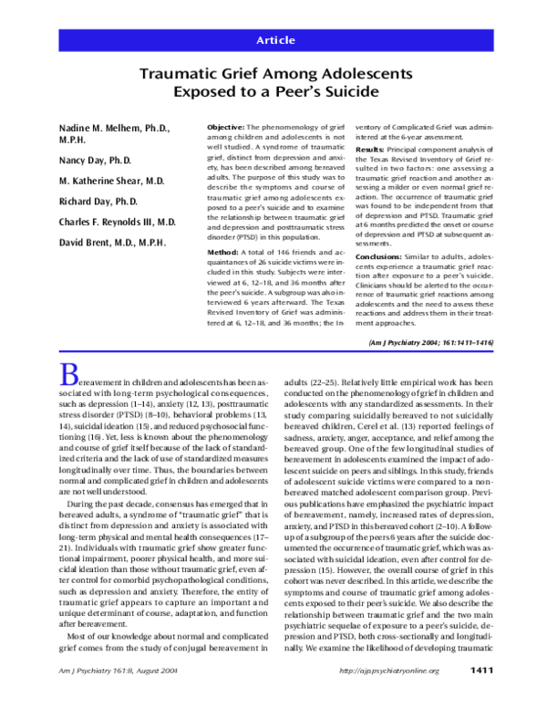 (PDF) Traumatic Grief Among Adolescents Exposed to a Peer’s Suicide