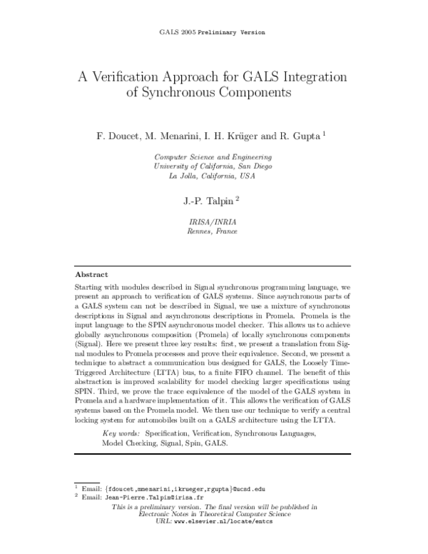 Pdf A Verification Approach For Gals Integration Of Synchronous