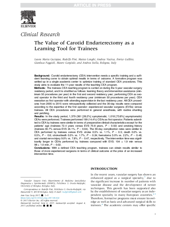 (PDF) The value of carotid endarterectomy as a learning tool for trainees