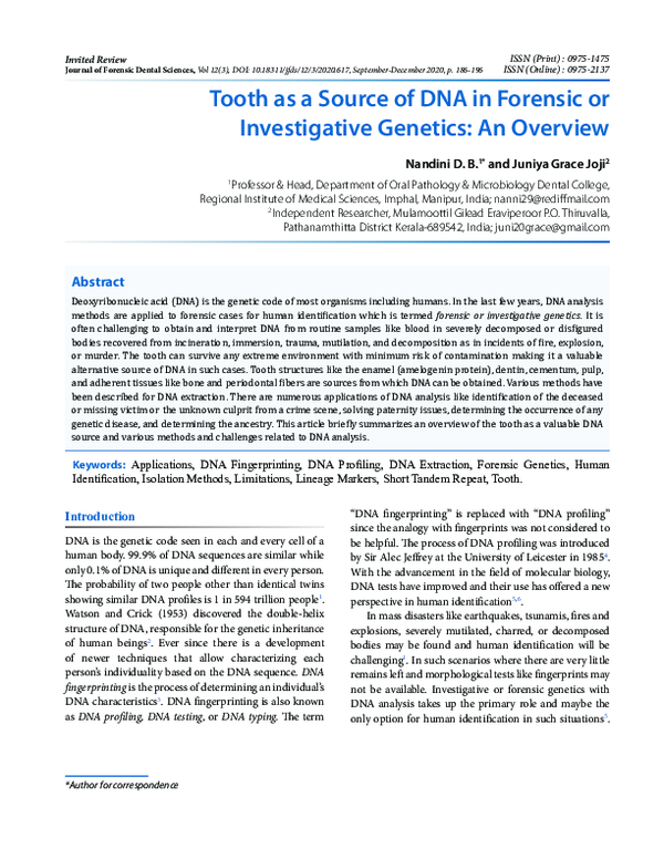 (PDF) Tooth as a Source of DNA in Forensic or Investigative Genetics ...