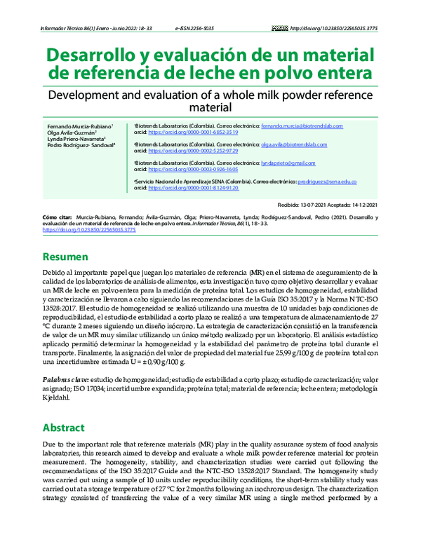 (PDF) Desarrollo y evaluación de un material de referencia de leche en ...