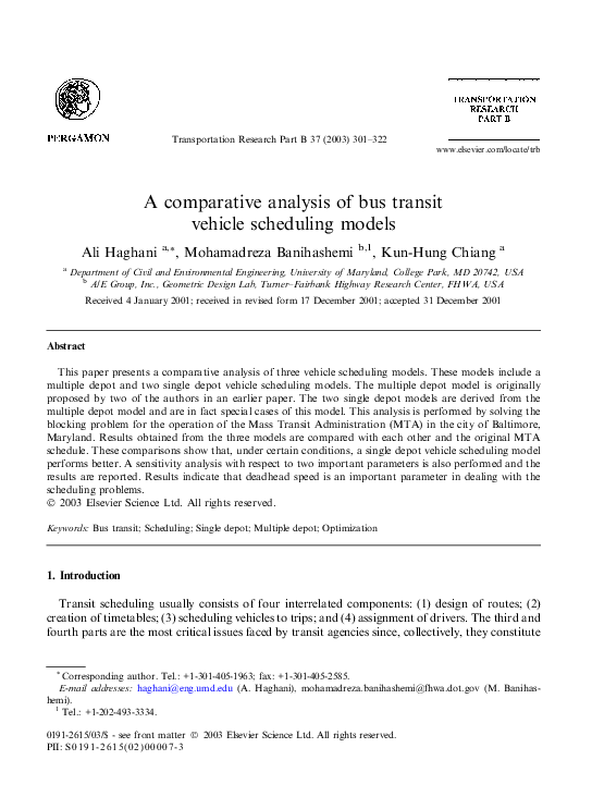Pdf A Comparative Analysis Of Bus Transit Vehicle Scheduling Models 9717