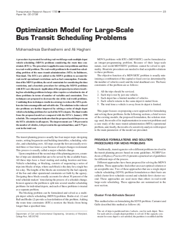 Pdf Optimization Model For Large Scale Bus Transit Scheduling Problems 1461