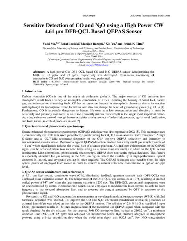 (PDF) Sensitive Detection of CO and N2O using a High Power CW 4.61 µm DFB-QCL Based QEPAS Sensor