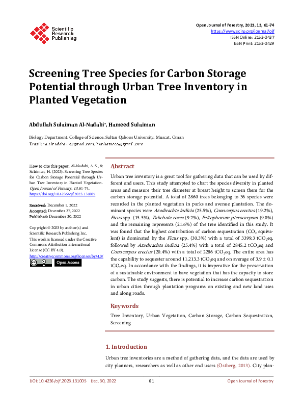 (PDF) Screening Tree Species for Carbon Storage Potential through Urban ...