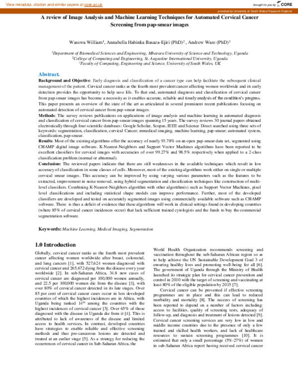 (PDF) A review of image analysis and machine learning techniques for automated cervical cancer ...
