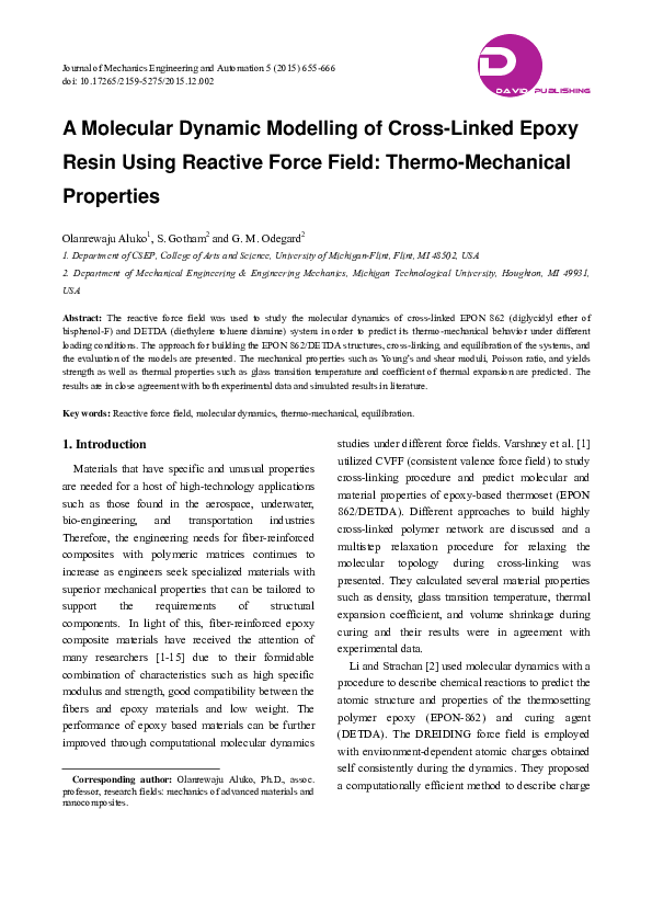 (PDF) Resin Using Reactive Force Field: Thermo-Mechanical Properties