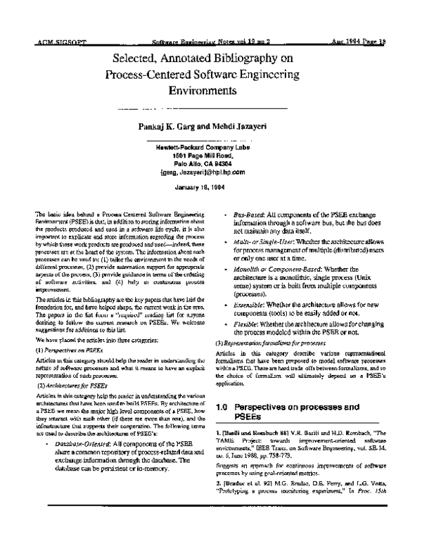 (PDF) Selected, annotated bibliography on process-centered software engineering environments ...