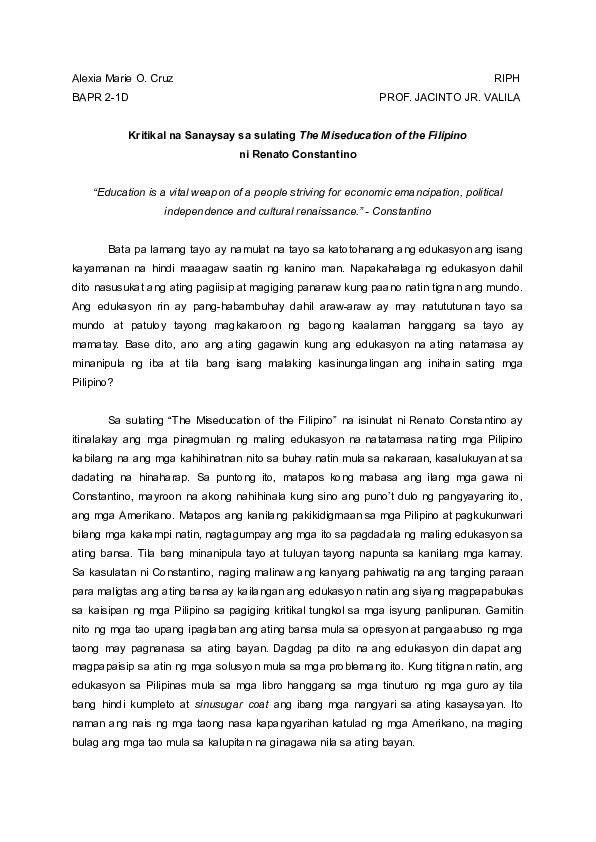(PDF) Kritikal na Sanaysay sa sulating The Miseducation of the Filipino