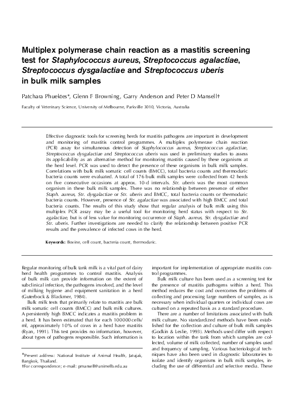 (PDF) Multiplex polymerase chain reaction as a mastitis screening test ...