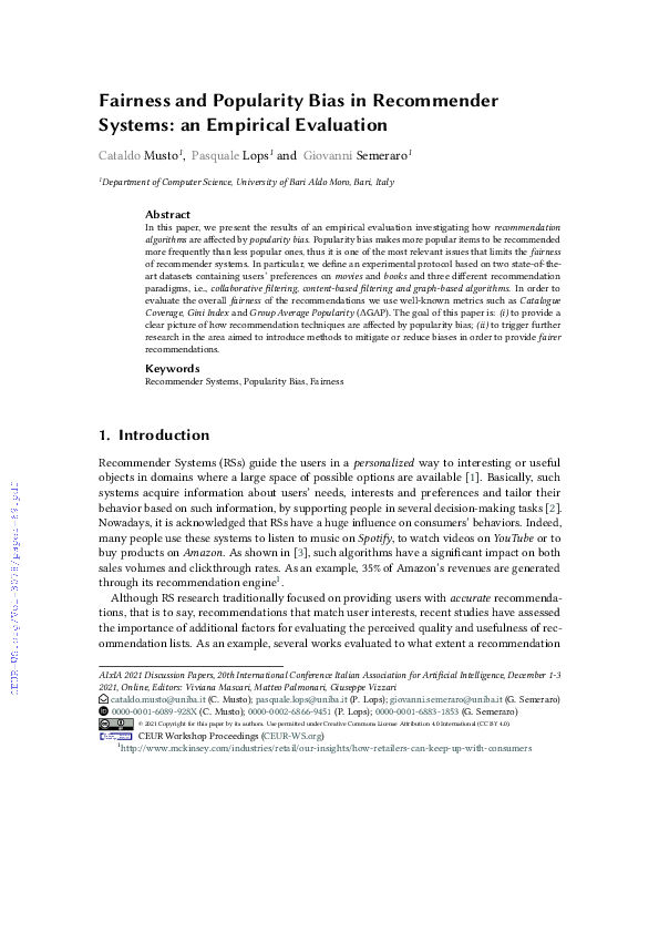 Pdf Fairness And Popularity Bias In Recommender Systems An Empirical Evaluation