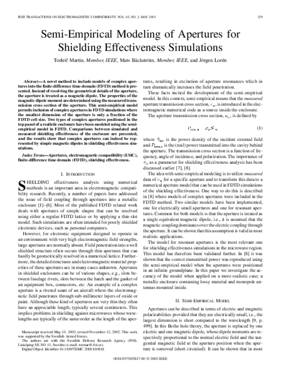 Pdf Semi Empirical Modeling Of Apertures For Shielding Effectiveness Simulations