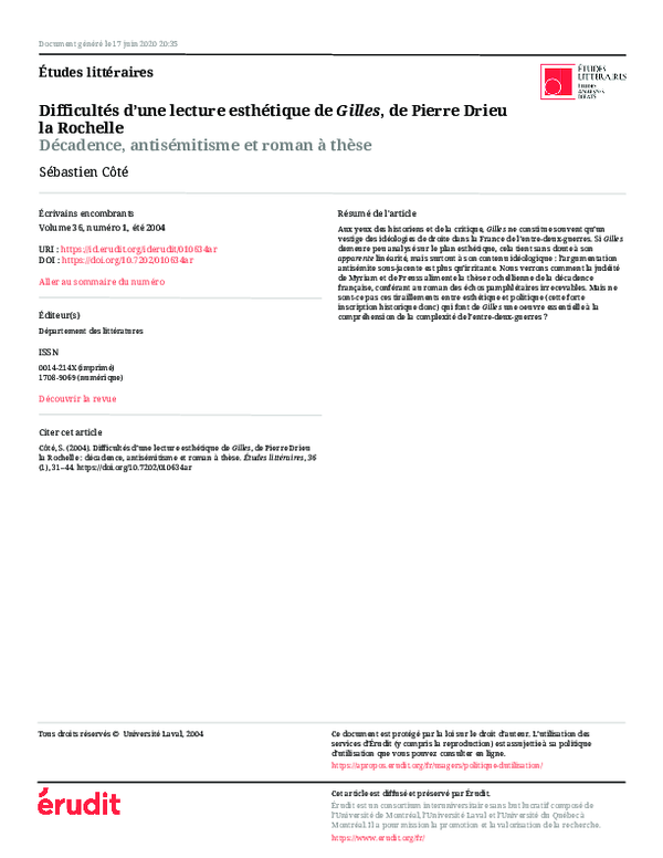 (PDF) Difficultés d’une lecture esthétique de Gilles, de Pierre Drieu ...