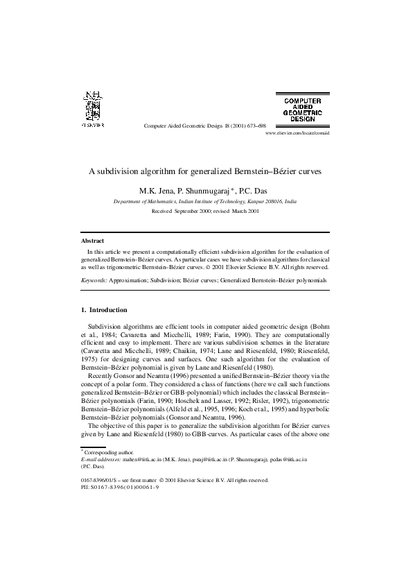 (PDF) A subdivision algorithm for generalized Bernstein–Bézier curves | Dr. Mahendra Kumar Jena ...