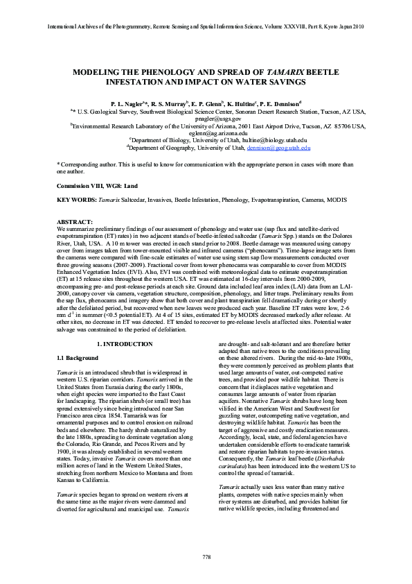 (PDF) Modeling the Phenology and Spread of Tamarix Beetle Infestation and Impact on Water ...