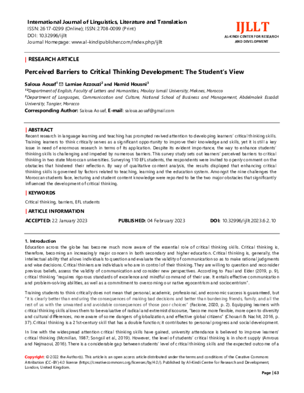 (PDF) Perceived Barriers to Critical Thinking Development: The Student ...